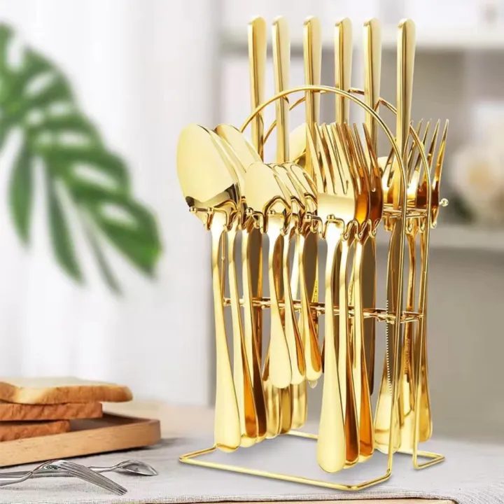 Cutlery Set – Cutlery Set With Stand – 24 PCs Cutlery Set - Golden ...