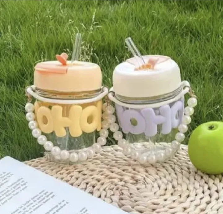 Trendy Pearl Chain Sipper Glass Cup with Straw – Aesthetic Coffee Mug ...