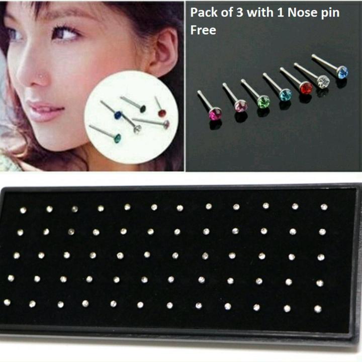 Pack of 3 nose pins with 1 free nose pin/nose stud white and multicolor ...