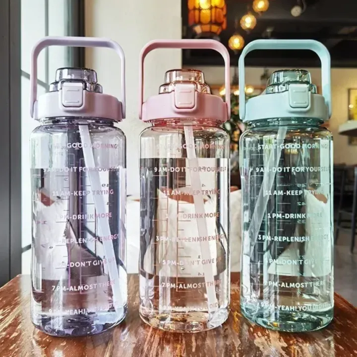 2L Portable Water Bottle Large Capacity Plastic Straw Water Cup Drink Bottle With Time Marker ...