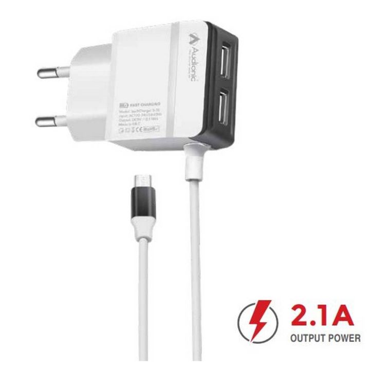 Audionic SWIFT S30 - Dual USB Port Mobile Charger - 2.1A Max - With Attached 1M Round Wire Micro ...