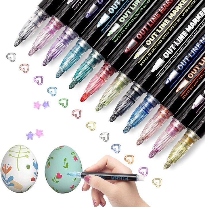 Colors Outline Metallic Markers Pens, Double Line Pen, Magic Glitter ...