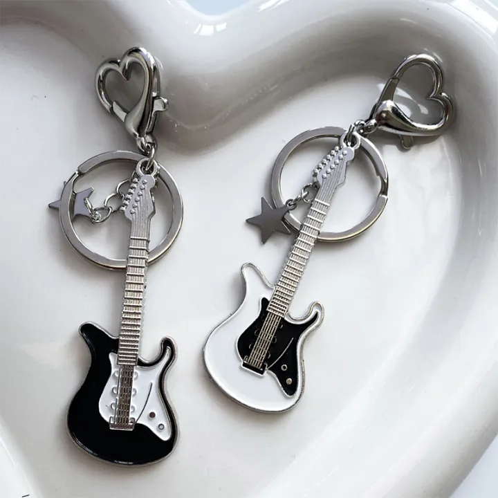 Y2k Black And White Guitar Love Heart Star Key Chain for Women Sweet ...