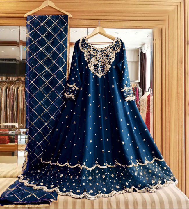 Handwork & Embroidered Long Maxi 3PCs – Silk Maxi with Crepe Malai ...