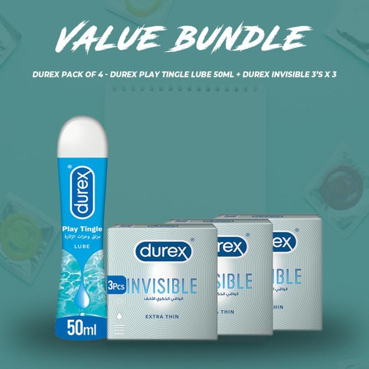Durex Pack of 4 - Durex Play Tingle Lube 50ml + Durex Invisible Extra ...