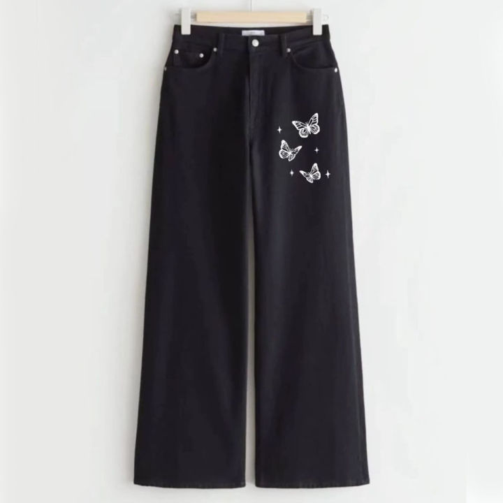 Black Wide-Leg Printed Jeans for Women and Girls - High Waist - Trendy ...