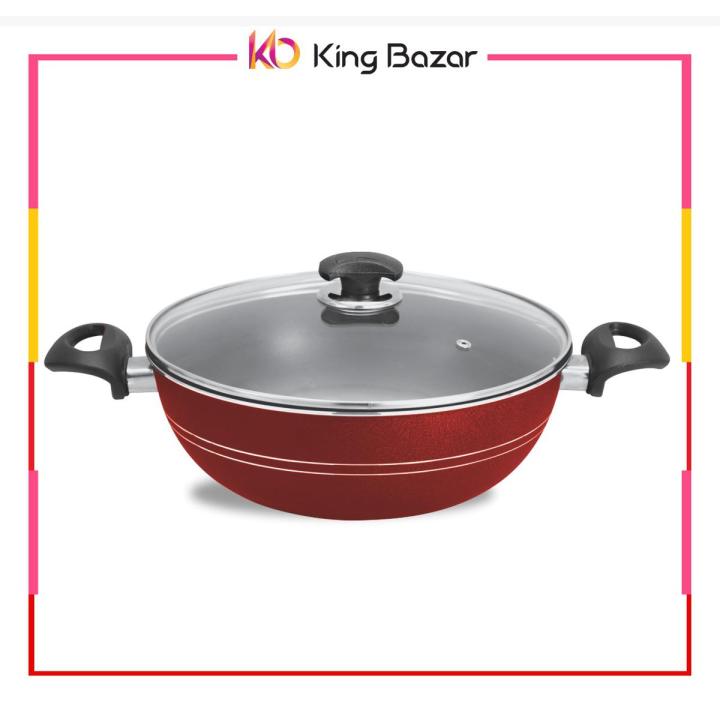 King Chef Non Stick Karahi Wok Cooking Pot With Glass Lid Red | Daraz.pk