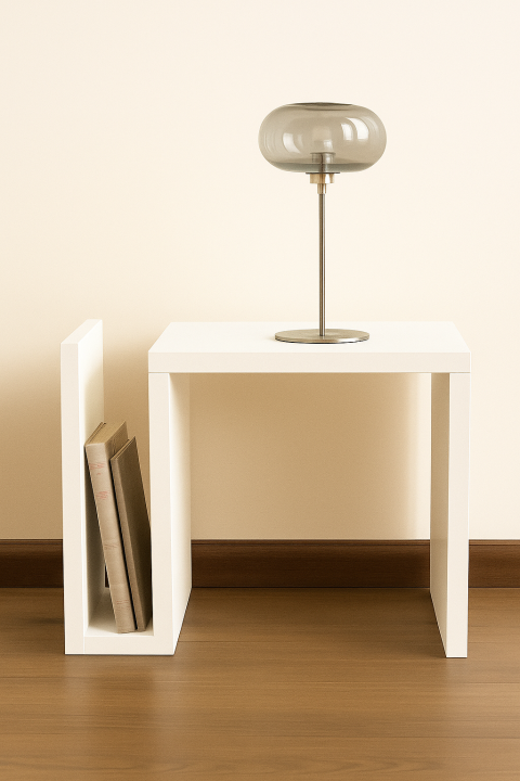Modern White Box Side Table with Built-in Vertical Book Storage and ...