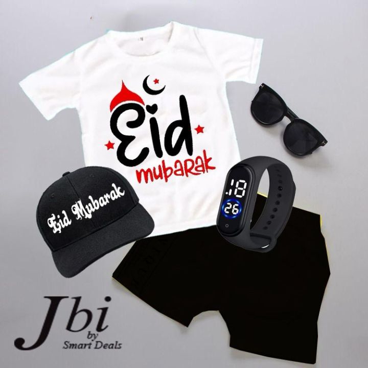 Pack of 5 Eid Mubarak Printed T-Shirt Suit Half Sleeves Round Neck T ...