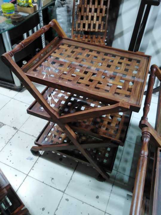 Triple Shelf Premium Antique Wooden Tea Trolley Triple Shelf Folding ...