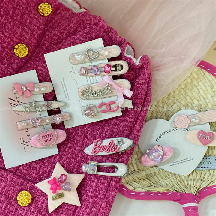 Barbie Pink Bowknot Heart Shape Rhinestone Letter Drop Oil Barrettes ...