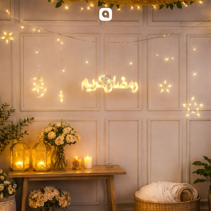 Ramzan Kareem Curtain Light with Moon & Star – Islamic LED Hanging ...