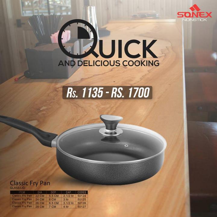 Sonex Classic Fry Pan With Glass Lid - Non Stick Coating - Black | Daraz.pk