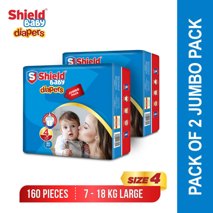 Pack of 2 Shield Baby Diapers Jumbo Pack Size 4Large (7-18Kg, 160 Pcs ...
