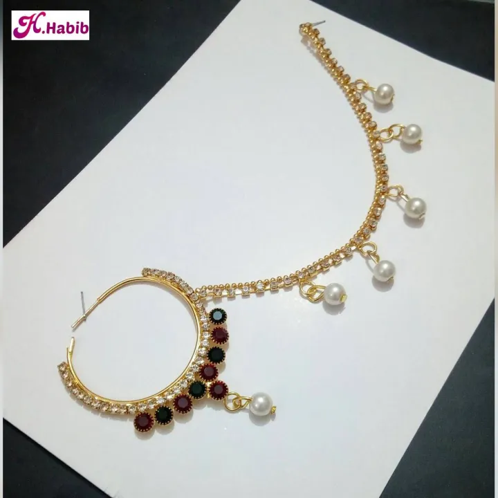 Golden ASIAN Nath Chain Nose Ring Bridal Nath Nose Pins - Nathiya ...