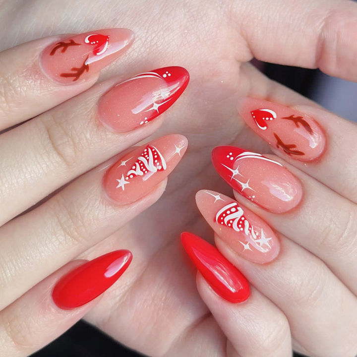 A6-05-08 24pcs Christmas Red French Manicure Artificial Nails with Deer ...