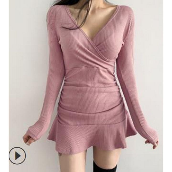 Women Casual Close-fitting Dress, Solid Color V-neck Long Sleeve One ...