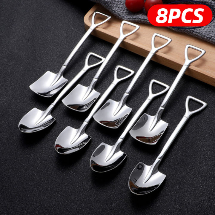 4/8PCS Stainless Steel Coffee Spoon Creative Shovel Shape Tea Spoons Ice Cream Scoop Kitchen ...