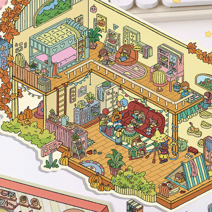 1Set Cute Cartoon Mini World Landscape Stickers Pocket 3D Cabin Scene ...