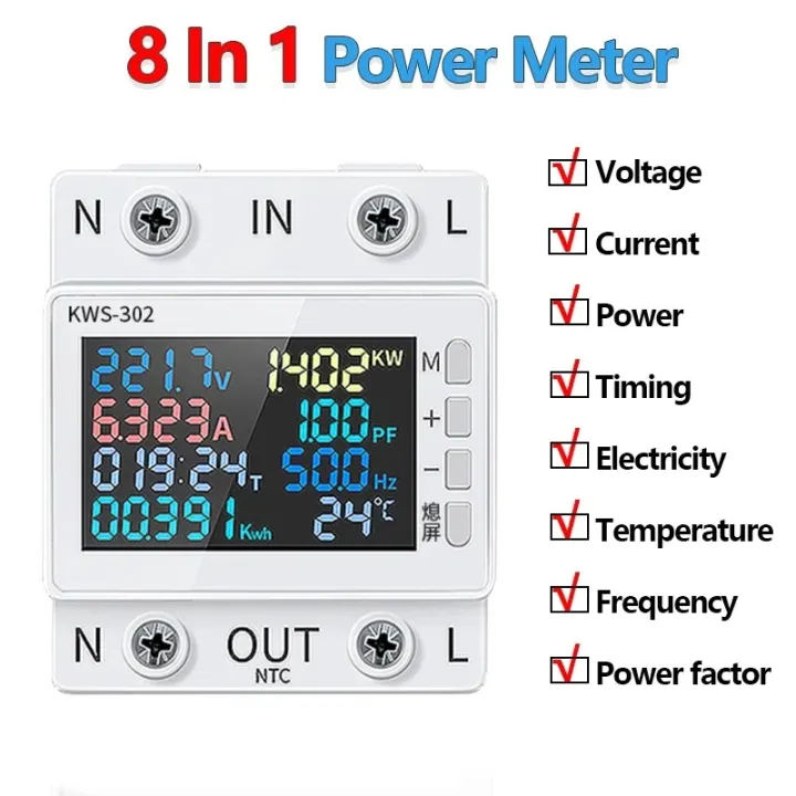 KWS-302 8in1 Power Meter Multi-function Digital Voltmeter Ammeter 170-300V 63A Power Factor Time ...