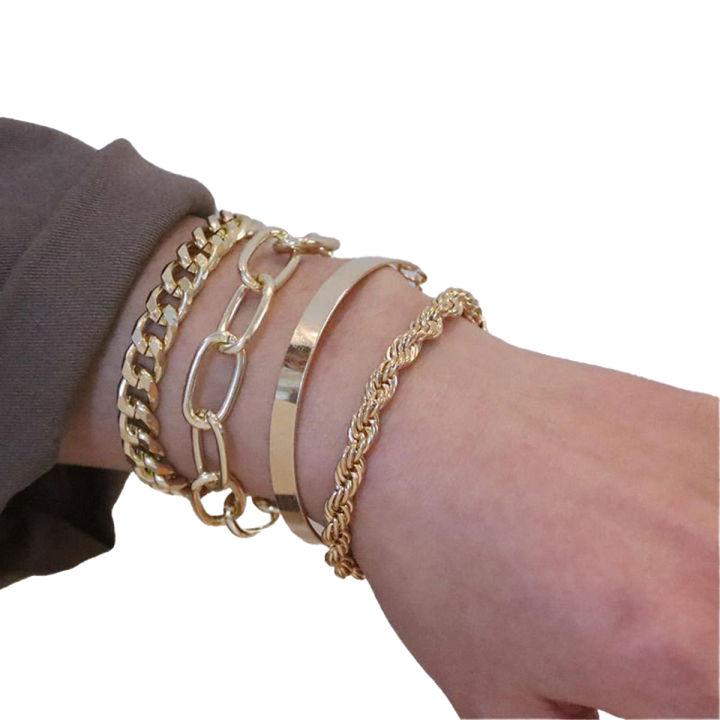 Hop Cuba Gold Metal Chain Bracelet Female 4Pcs | Daraz.pk