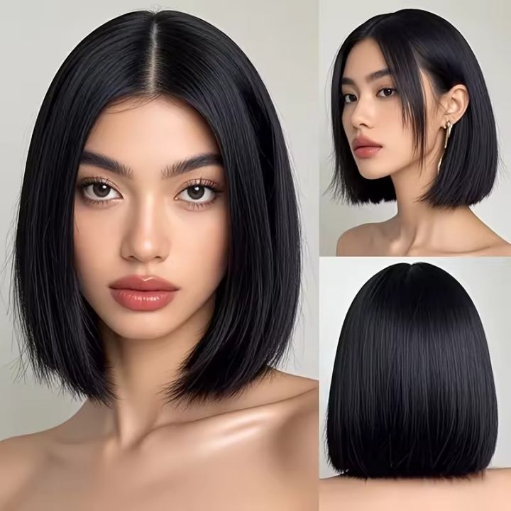 Bob synthetic wig short straight middle-parted holiday party everyday ...