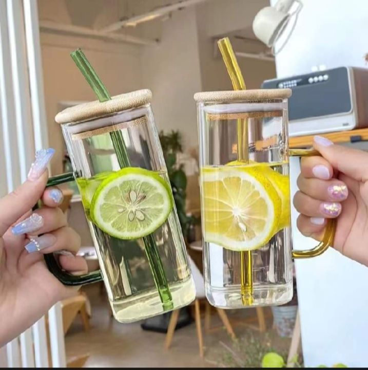 Square Glass Mug 400ml With Lid and Straw, Heat Proof, Transparent ...