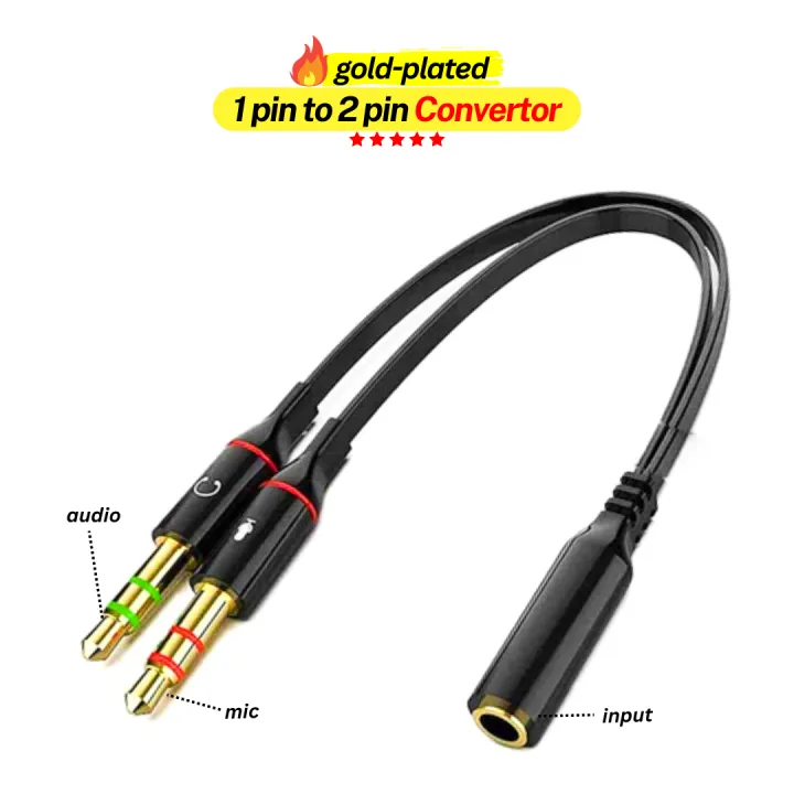 Single pin Headphone to PC Convertor, 3.5mm Female to 2 Male Headphones ...
