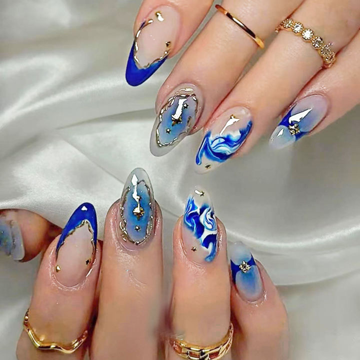 W2003 24PCS Blush Blue Star Print Fake Nails with 12 Sizes | Daraz.pk