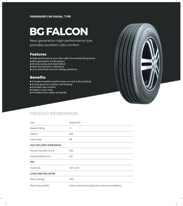 GTR TYRES 185/65R15 BG FALCON |WITH NOZZEL| FOR HONDA CITY,AQUA,YARIS ...