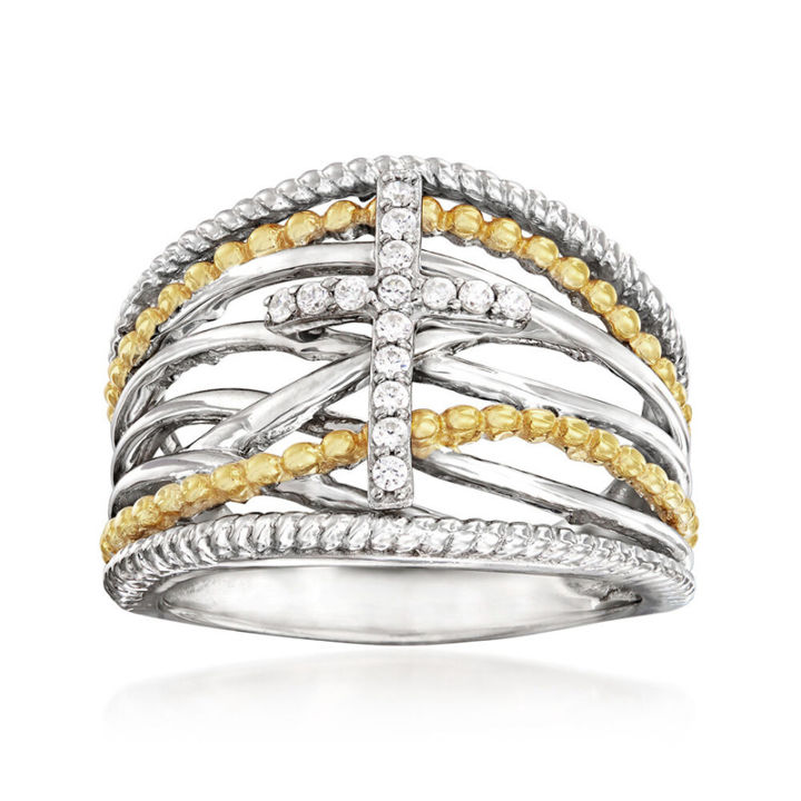 Sophisticated Two-Tone Cross Ring, Multi-Layer Interlocking Zircon ...