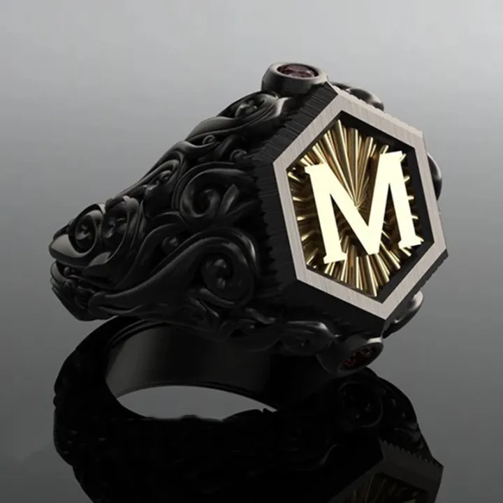 Classic Retro Black Men Rings Gold Color Carving M Letter Signet ...