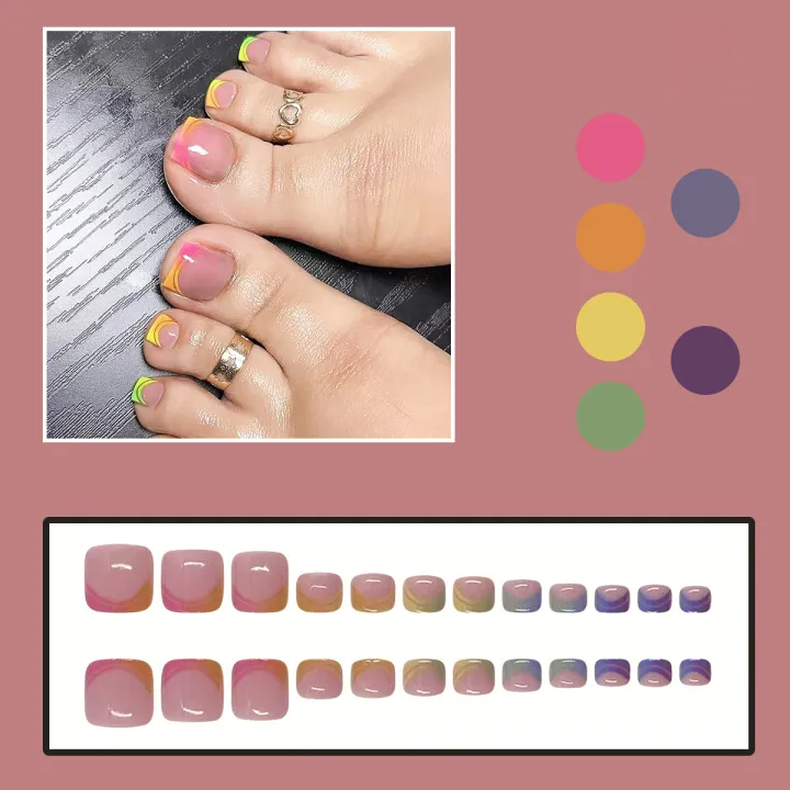 JZJ-04 24PCS French Pink Fake Toenails with Colorful Gradient Tips ...