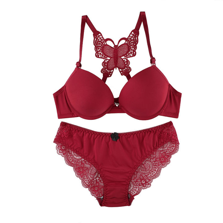 Women Pink Beautiful Lingerie Sets Wireless Lace Cotton Panties Padded ...