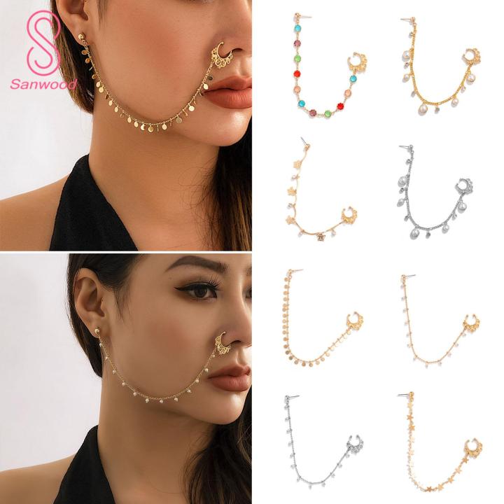 Piercing Stud Earrings Nose Chain Boho Ethnic Style Nose Chain with Faux Pearl Tassel Trendy Southeast Asian Nose Jewelry Nose Chain Jewelry Daraz.pk