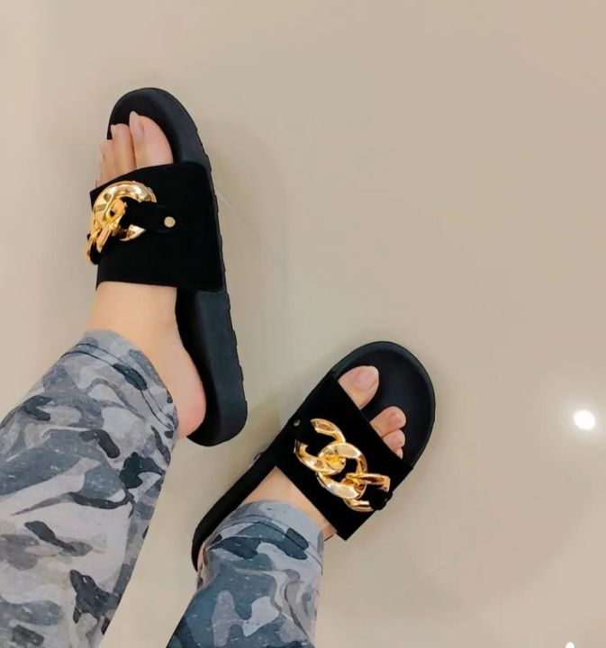 Stylish home slipper for girls , golden chain slides ,summer collection ...