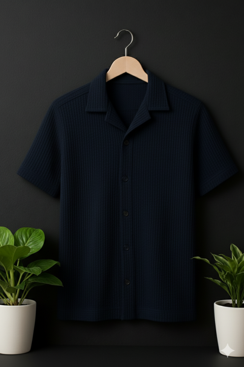Premium Navy Blue Waffle Knit Cuban Collar Shirt | Daraz.pk