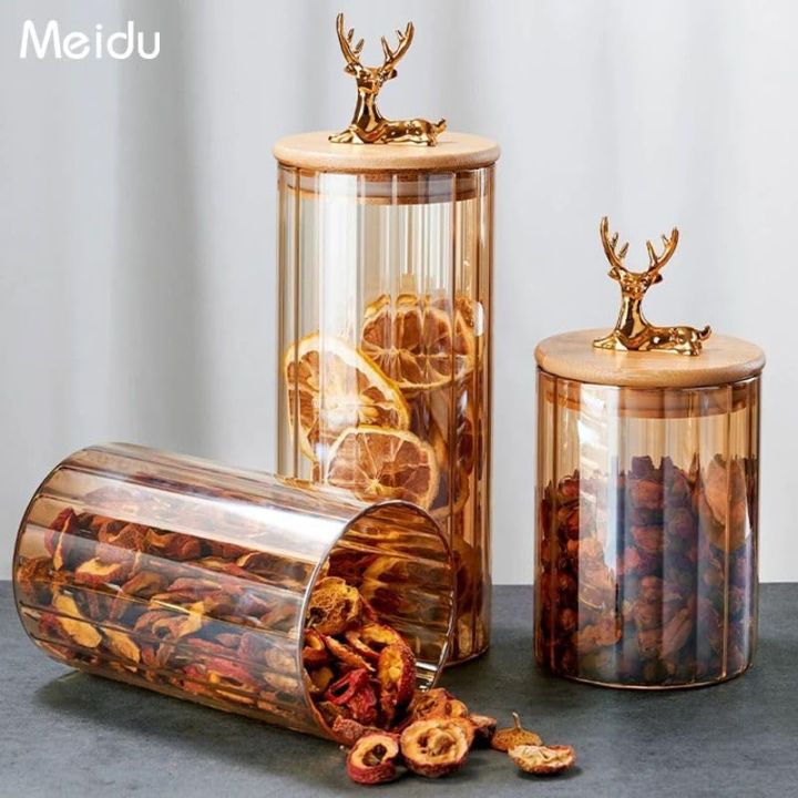 nc/Dear Jar Set 3 Pcs Set /Striped Glass Deer Head Sealed Jar Storage ...