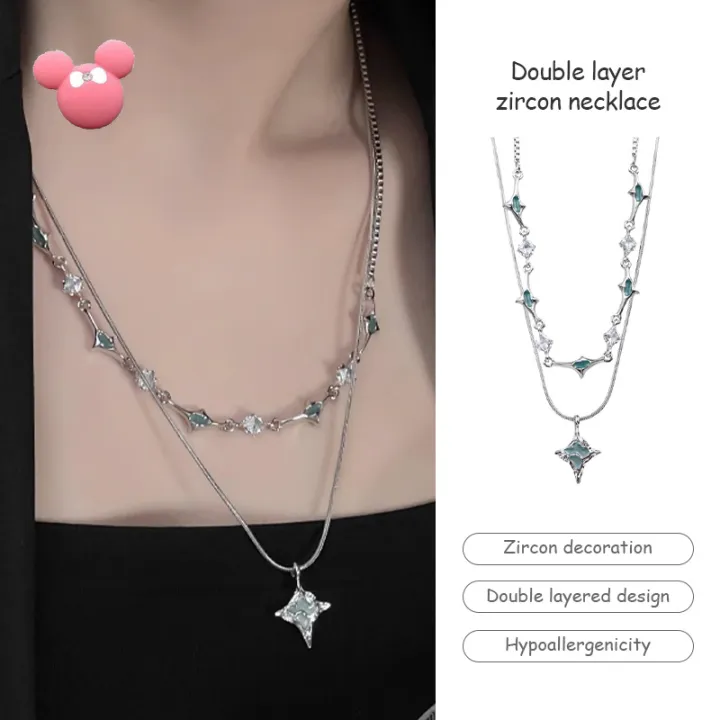 【SP】Double Layer Zircon Necklace Ins Design Sense Necklace Fashionable ...