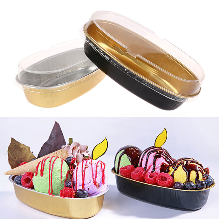 5Pcs 350ML Oval Aluminum Foil Cake Box with Plastic Lid Tinfoil Soy ...