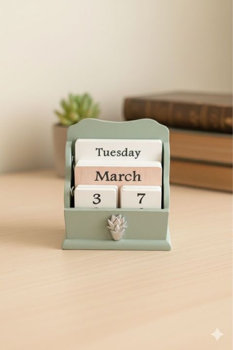 Vintage Rustic Sage Green Wooden Perpetual Block Calendar - Shabby Chic ...