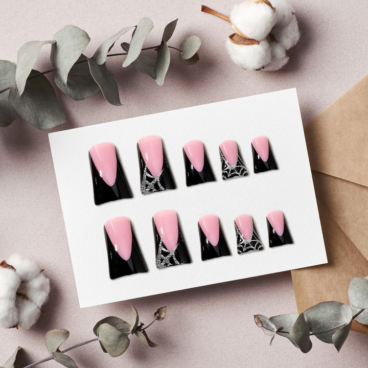 A4-01-12 24PCS Duck Bill Shape Fake Nails with Black French Tip Pink ...