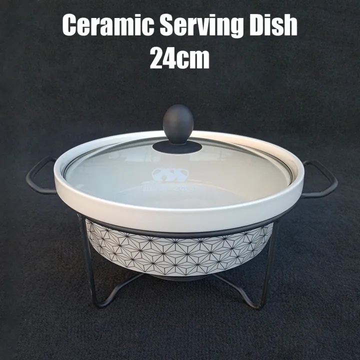 Ceramic Serving Pot with Glass Lid and Steel Stand and Candle | 24cm ...