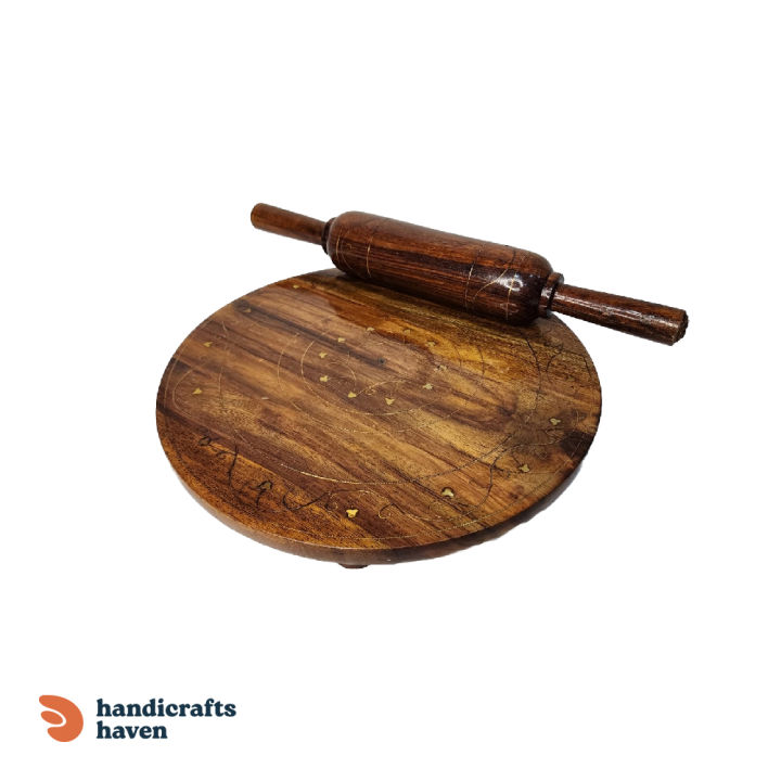 Wooden Chakla Belan For Roti Chapati Rolling Pin and Board with Brass ...
