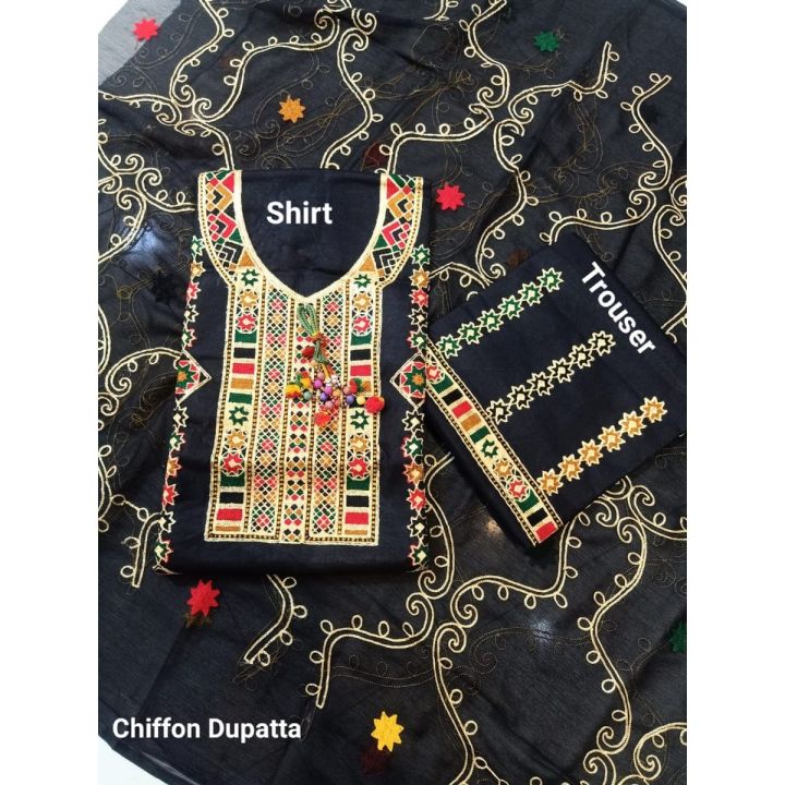 Black Color Three Piece Unstitch Traditional Sindhi Suit/Embroidered ...