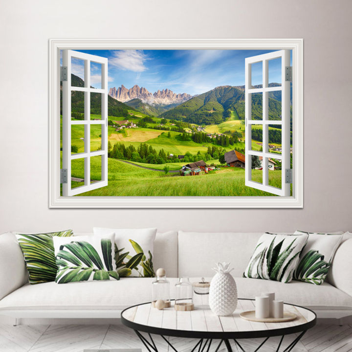 Nature Landscape Wall Decor 3D Window View Sticker Green Grassland ...
