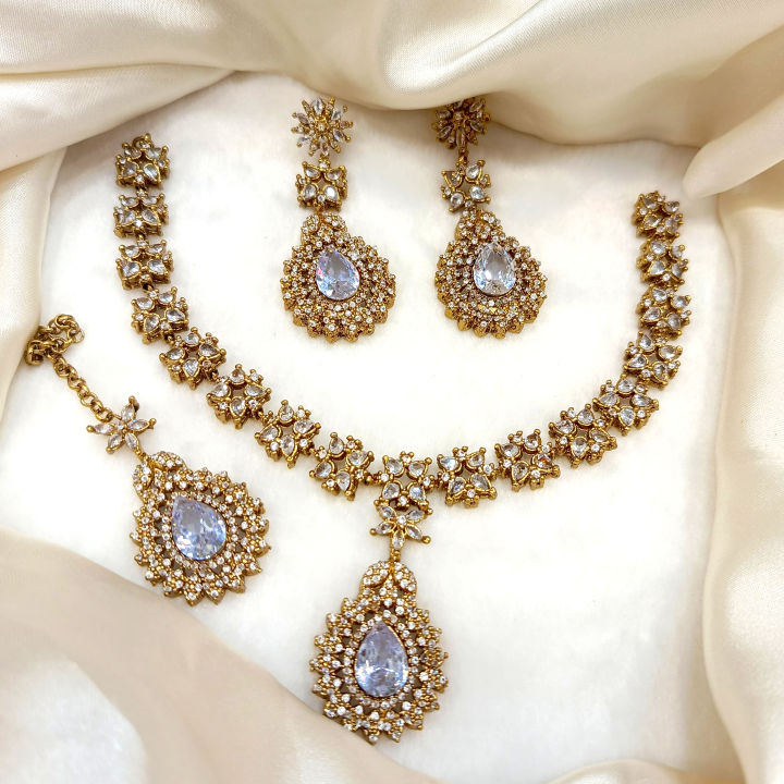 Necklace Set With Earrings And Tikka, Zircon stone work fine quality ...