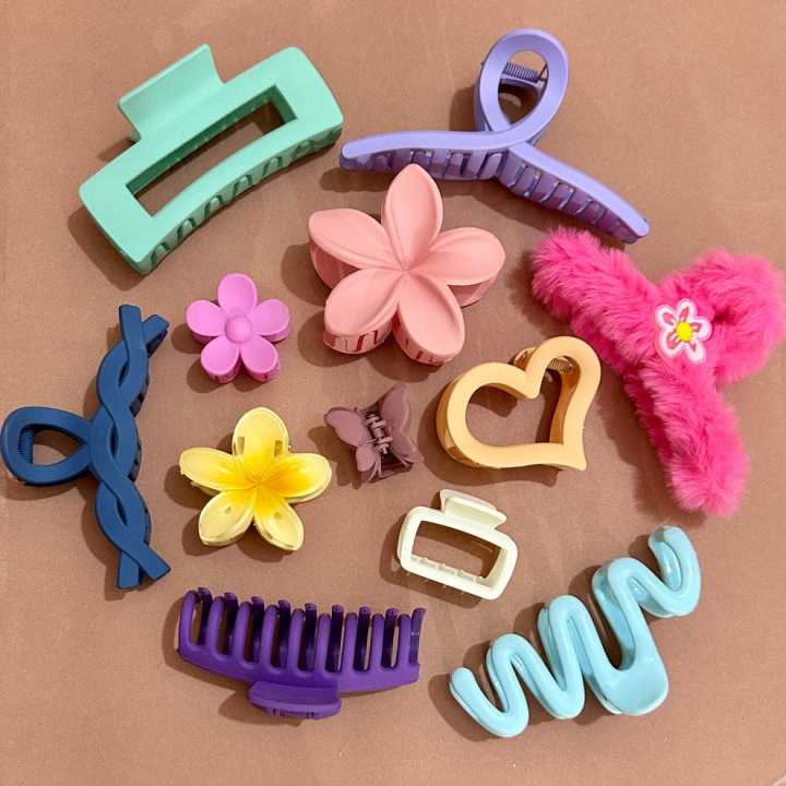 12 PCs Trendy Korean Colourful Stylish Design Matte Hair Claw Clip ...