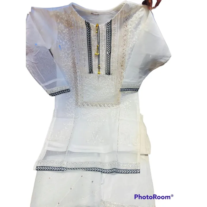 White color Women Trendy 2 piece short shirt and Trouser Stitched ...
