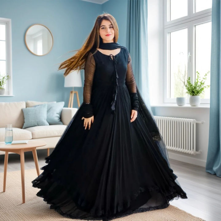 Luxe 3-Piece Stitched Shiffon Maxi – Two-Layer Border Long Flare Frock ...